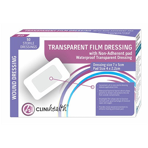 Dressing Transparent Film & Pad 7X5cm Clinihealth 50 – Cura Pharm